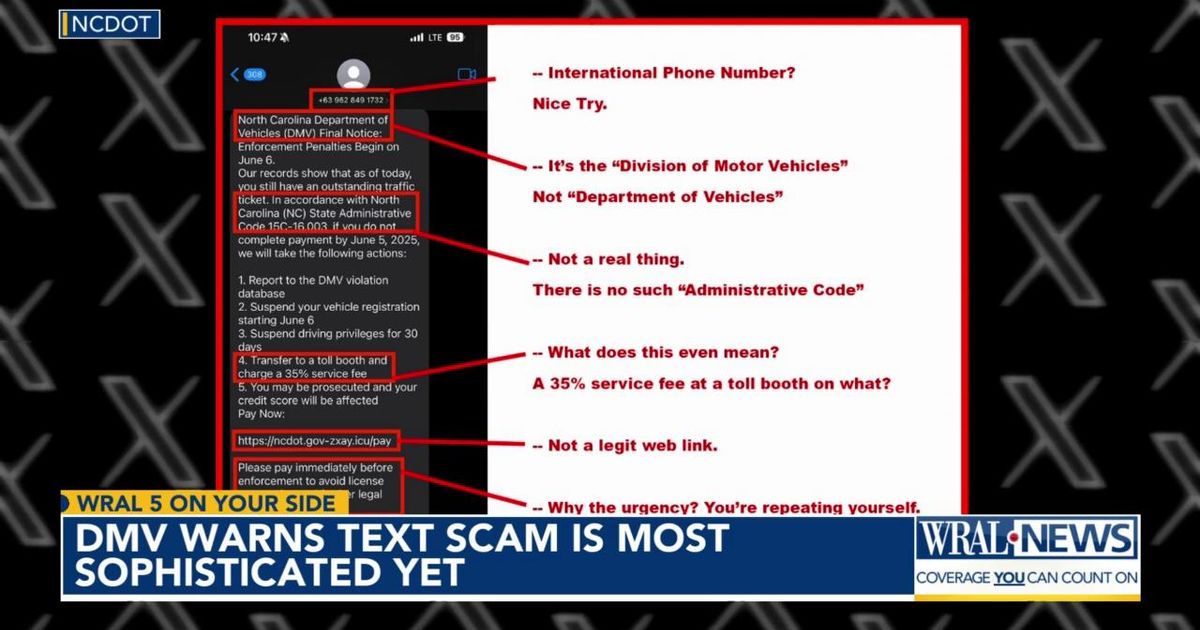 Sophisticated DMV text scam targets North Carolina residents, WRAL's 5 ...