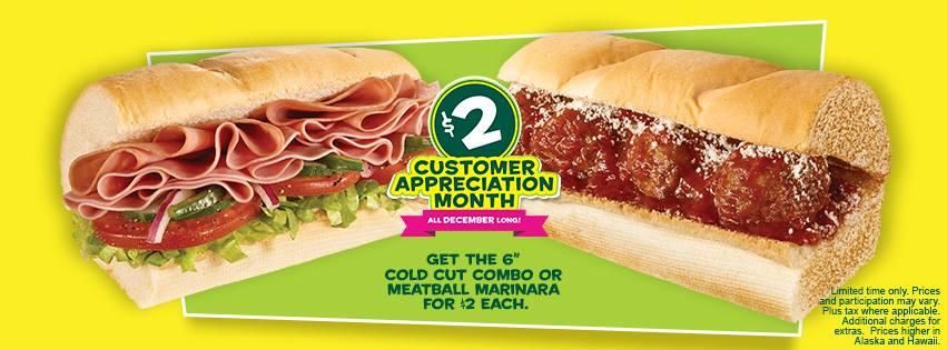 Subway Customer Appreciation Month: $2 select subs!