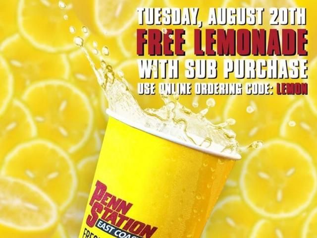 Penn Station East Coast Subs: FREE Lemonade with sub purchase August 20