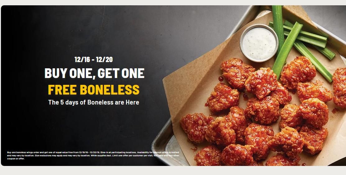 Buffalo Wild Wings: BOGO Boneless Wings through Dec. 20