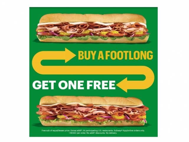 New coupon for BOGO Subway footlong sandwiches