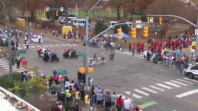 Corner camera shot of the 2025 Raleigh Christmas Parade