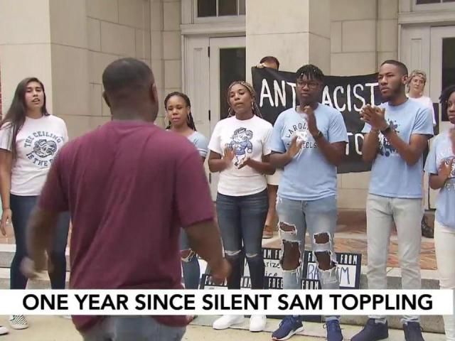 One year later, a much different scene at former location of Silent Sam