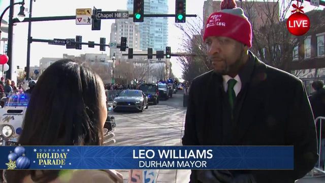 Durham Mayor Leo Williams speaks at the Holiday Parade