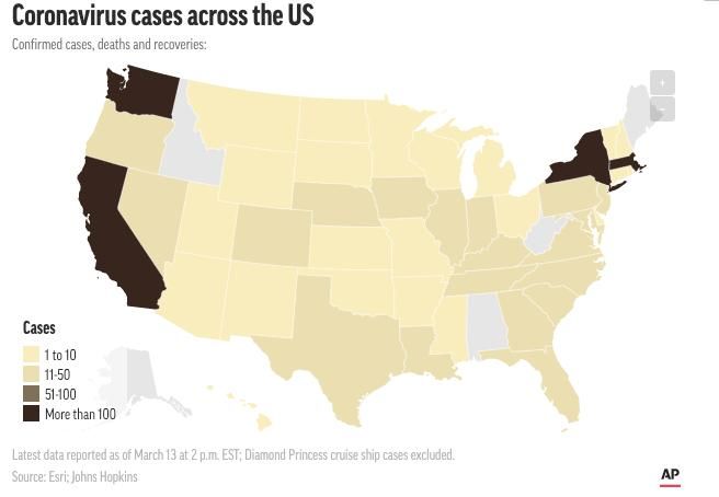 Map of confirmed Coronavirus cases in the US by state