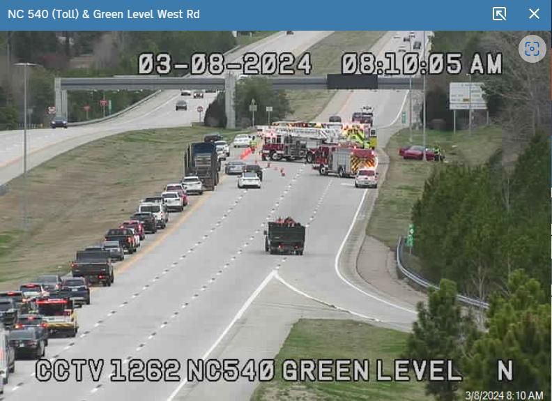 All westbound lanes of toll road NC-540 closed due to crash