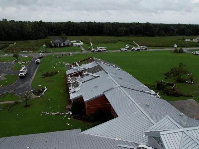 Drone 5: Tornado damage to Springfield Middle School in Lucama