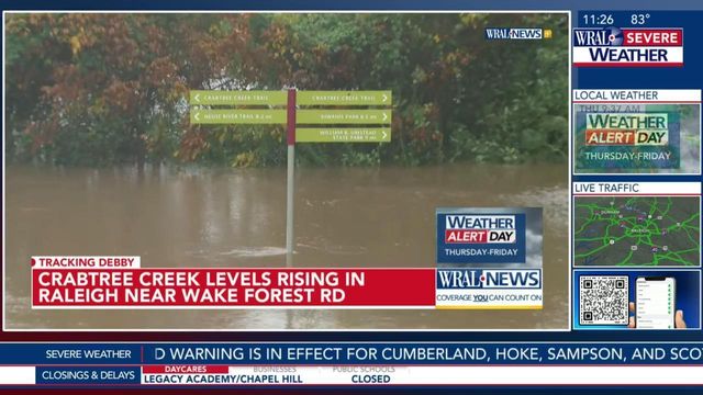 Crabtree Creek flood waters rise in Raleigh