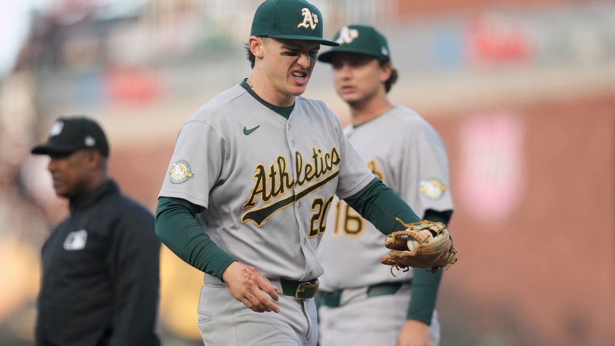Athletics' Zack Gelof loses hit streak at 24 games after getting spiked ...